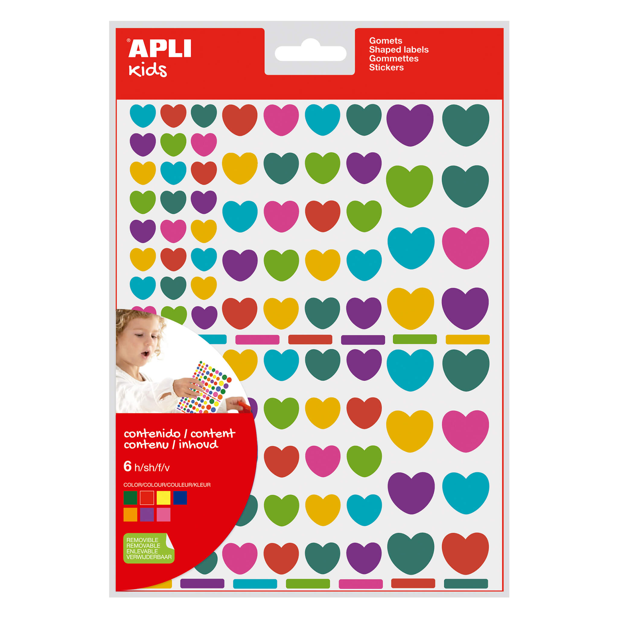 Gommettes coeurs enlevables couleurs peps assorties 6 feuilles | APLI