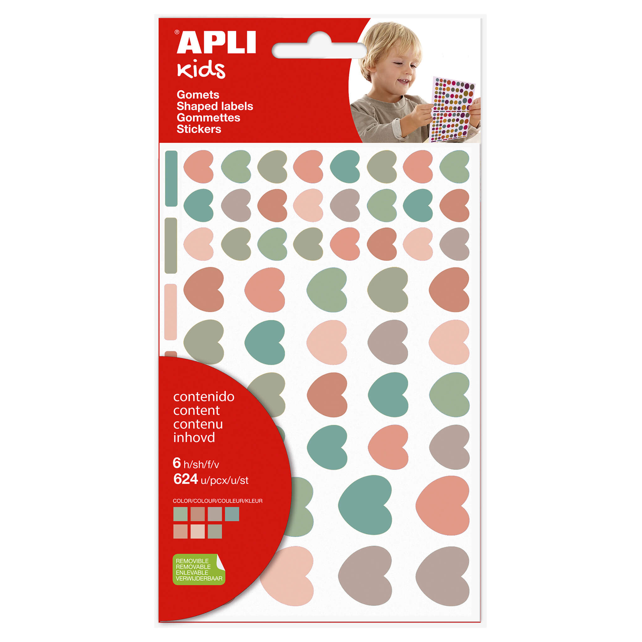 Gommettes coeurs enlevables aux couleurs Vintage 6 feuilles | APLI