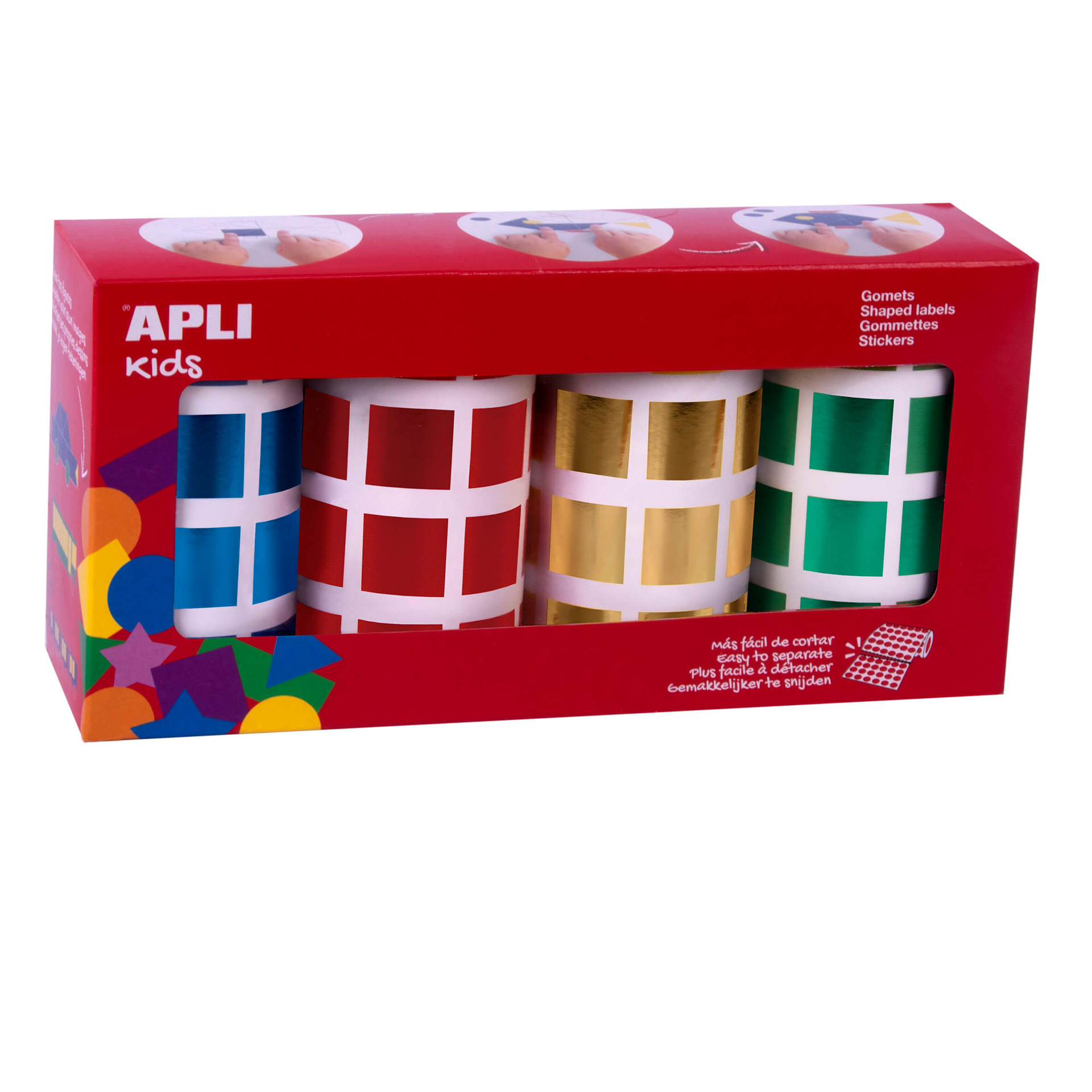 Gommettes carrés bleu, rouge, orange, vert 20 mm 4 rouleaux | APLI
